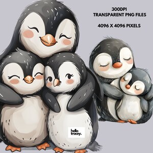 Watercolor Penguins Hugging PNG Clipart Pack, Mama Papa Baby Penguin ...