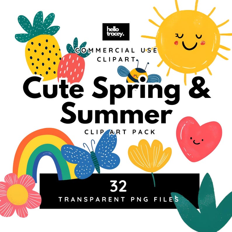 Cute Spring Summer PNG Clipart, Sweet Illustrated Flowers, Fruit, Sun ...