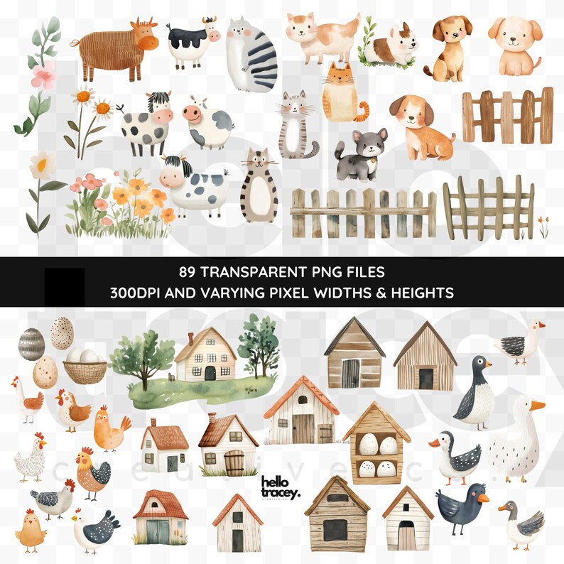 Watercolor Farm Yard Animals Clipart PNG Pack, Farm Animal Clip Art for ...
