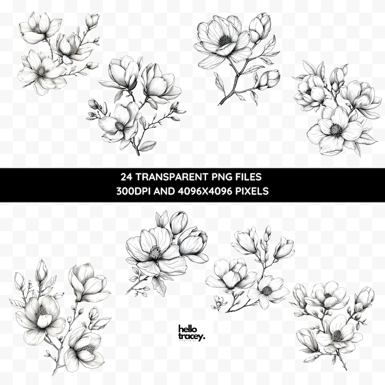 Magnolia Flower Outlines Clipart Pack, Magnolia Floral Clip Art for ...