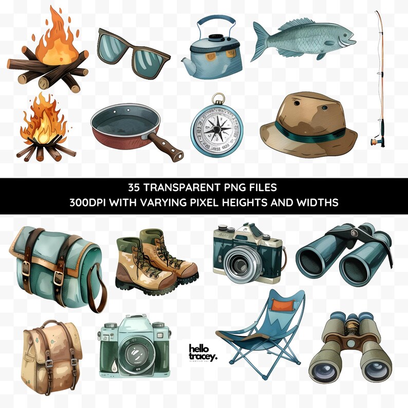 Camping Clipart Pack, Watercolor Clip Art, Commercial Use, Transparent ...