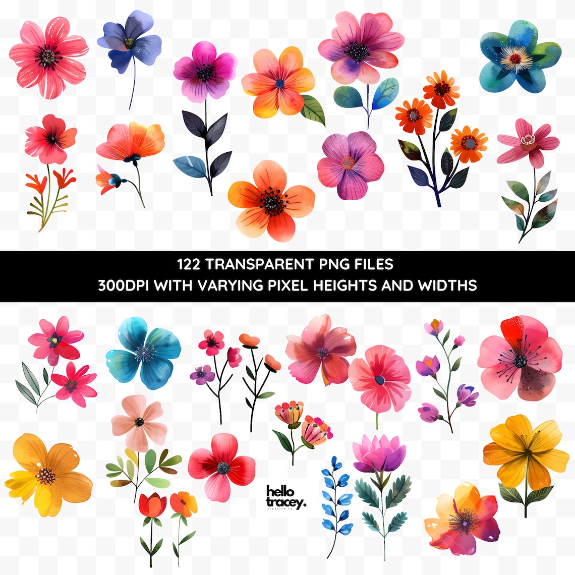 Watercolor Colorful Flowers PNG Clip Art for Commercial Use, Bright ...