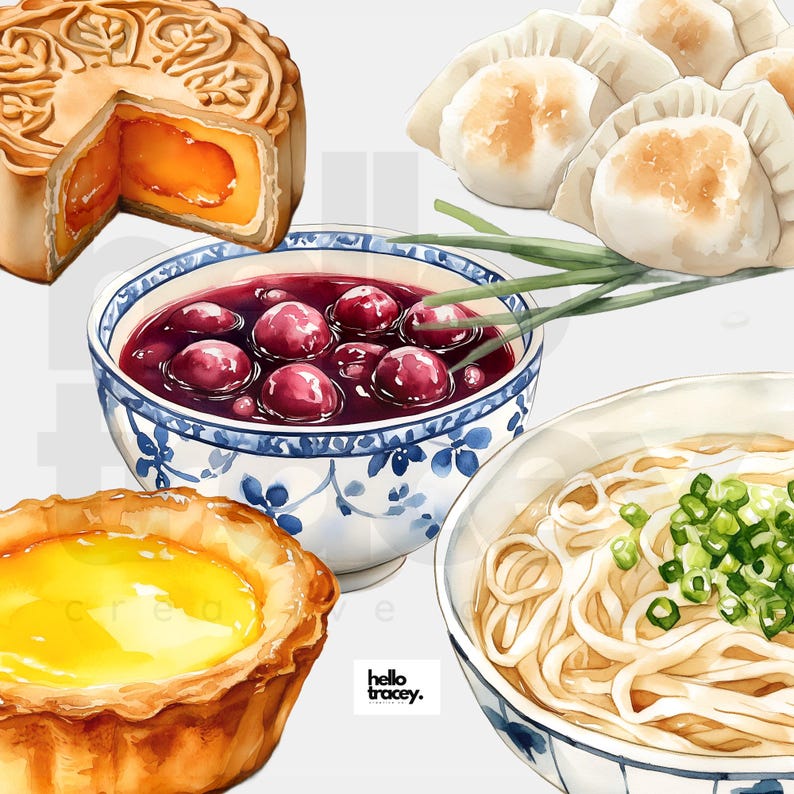 Watercolor Chinese New Year Food PNG Clipart, Custard Tart, Mooncake ...