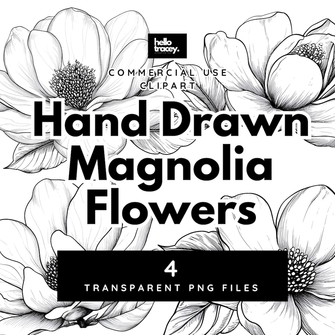 Single Magnolia Flower Outlines Clipart Pack, Magnolia Floral Clip Art ...