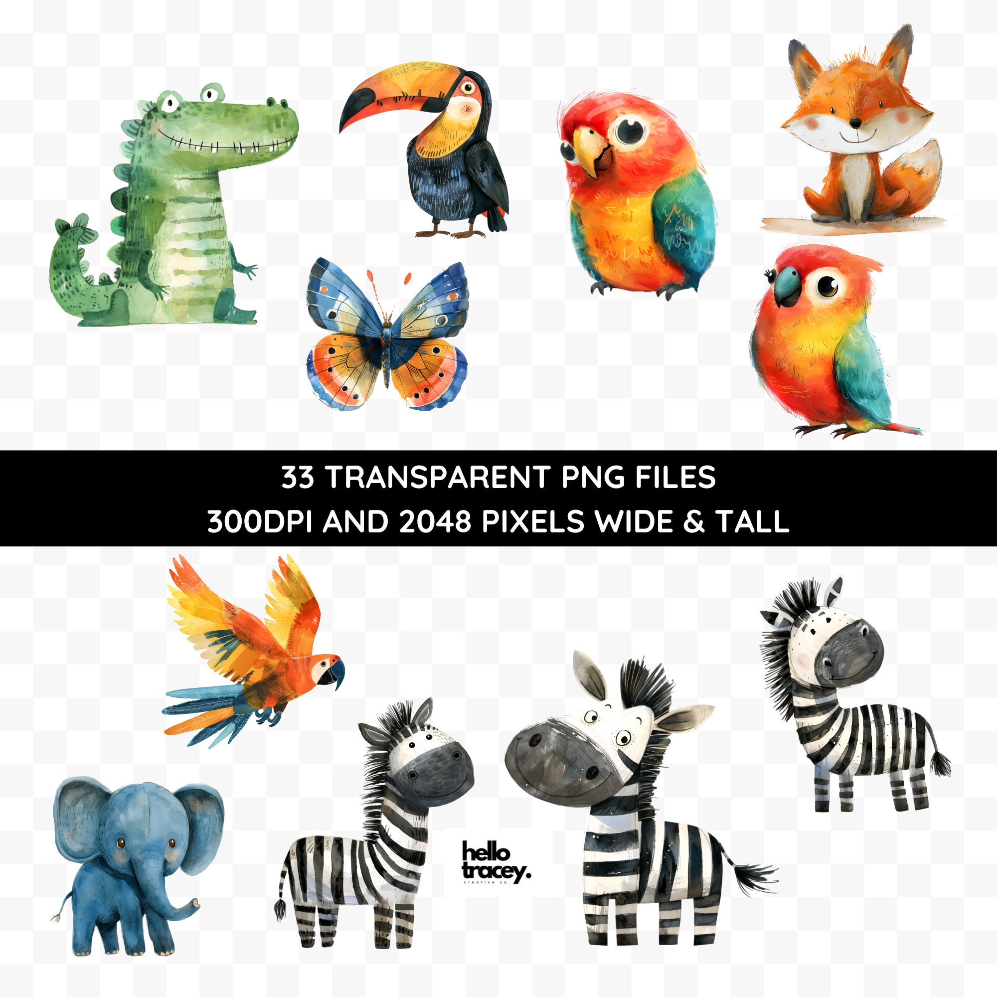 Safari Animals Watercolor Illustration PNG Clipart, Tiger Hippo Toucan ...