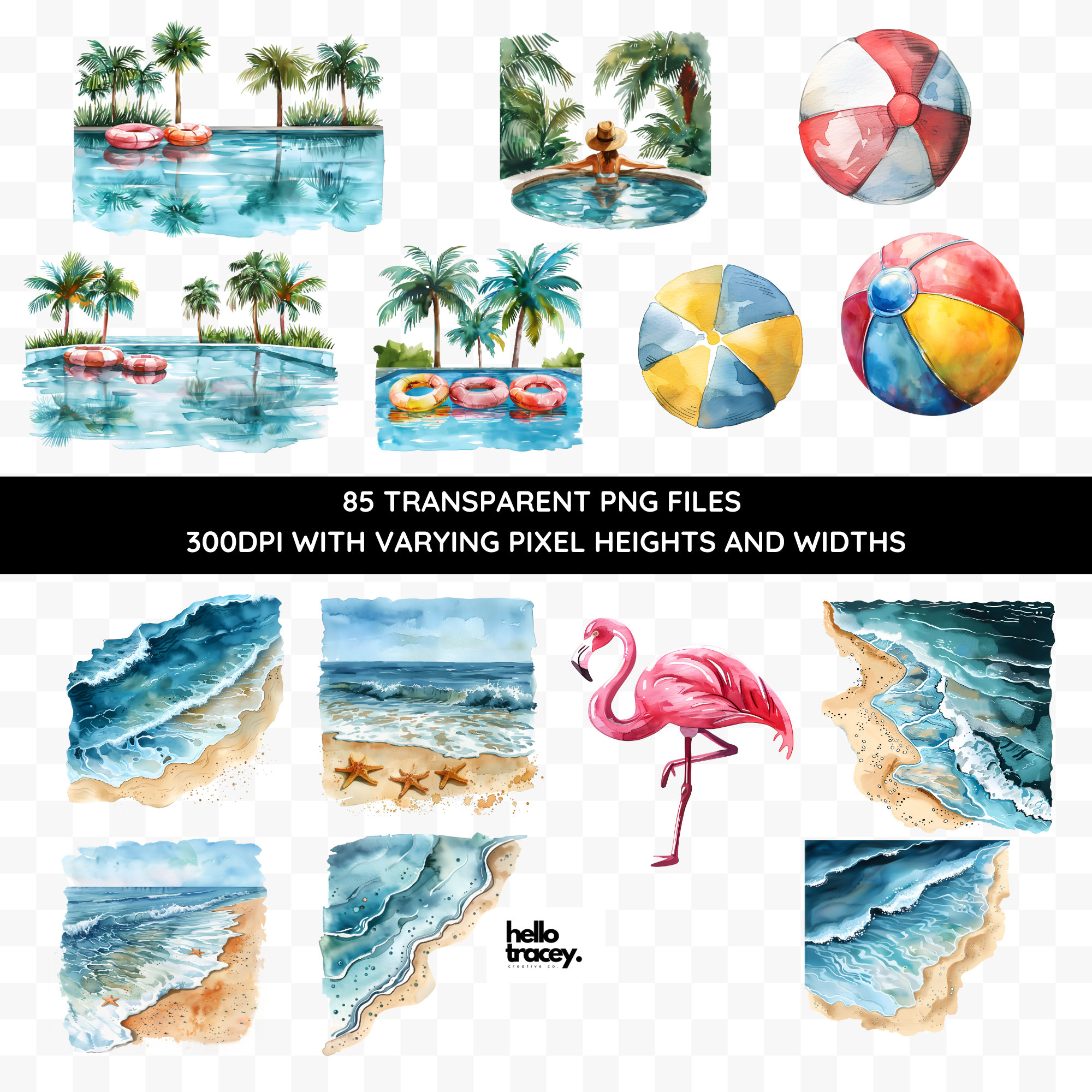 Beach & Pool Party Summer Clipart Pack, Watercolor Clip Art for ...