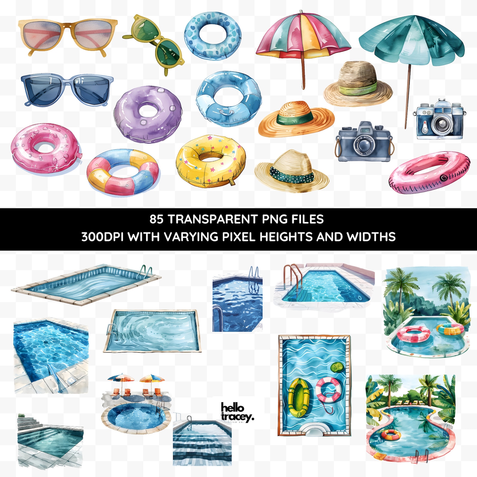 Beach & Pool Party Summer Clipart Pack, Watercolor Clip Art for ...