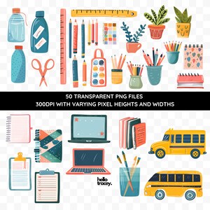 Back to School Supplies PNG Clipart, Watercolor School Bag Pencils Bus ...