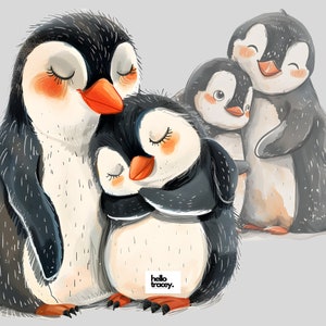Watercolor Penguins Hugging PNG Clipart Pack, Mama Papa Baby Penguin ...