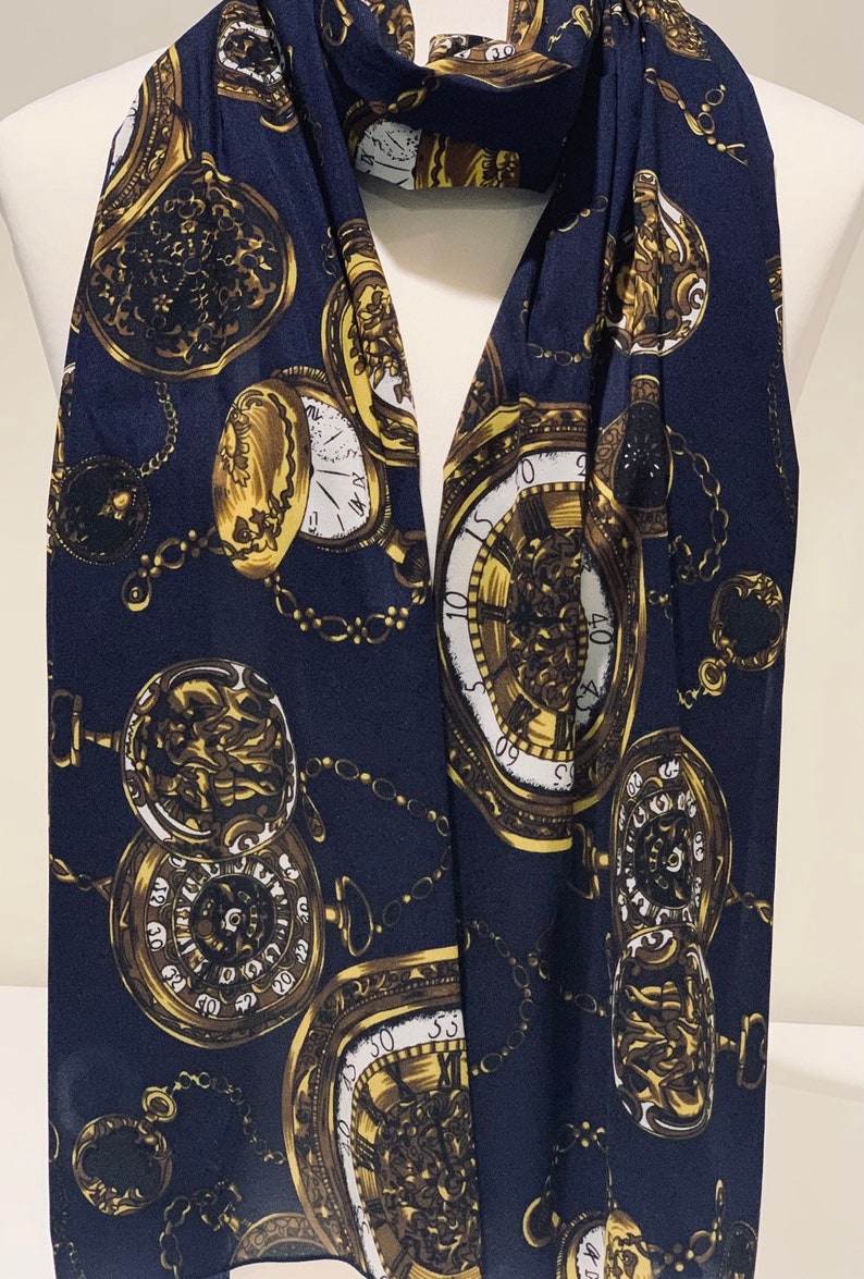 Genuine Mulberry Silk / Lycra Scarf Navy & Gold Timepieces | Etsy
