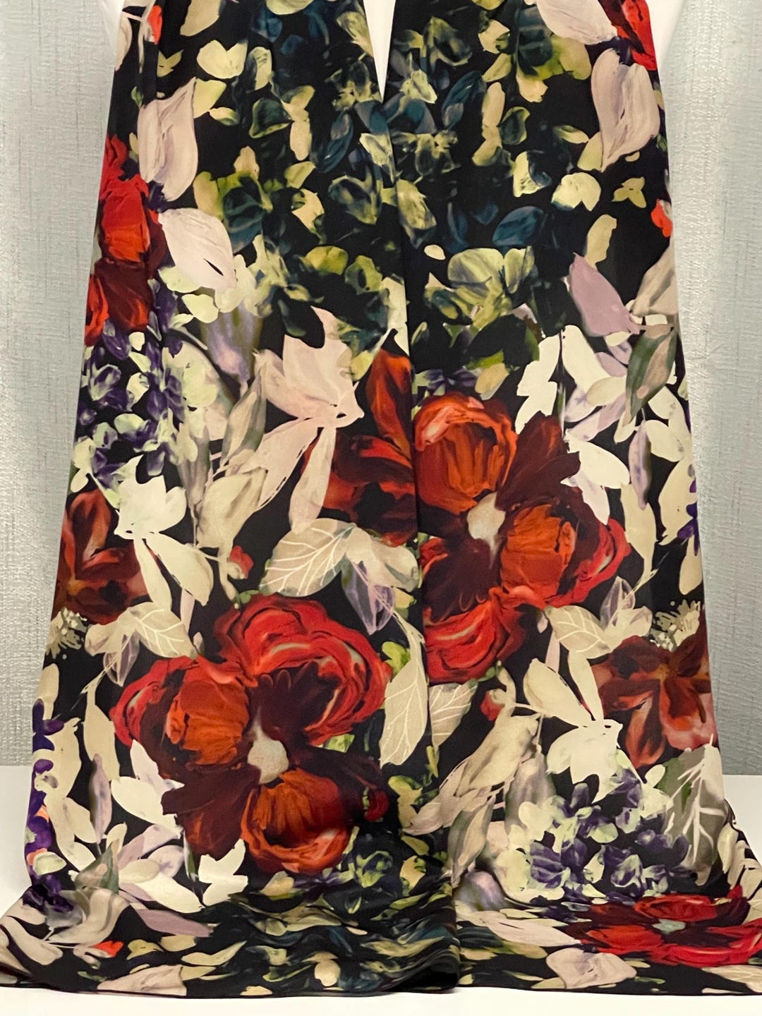 Mulberry Silk Scarf Blood Red Poppies & Violets on Black Crepe De Chine ...