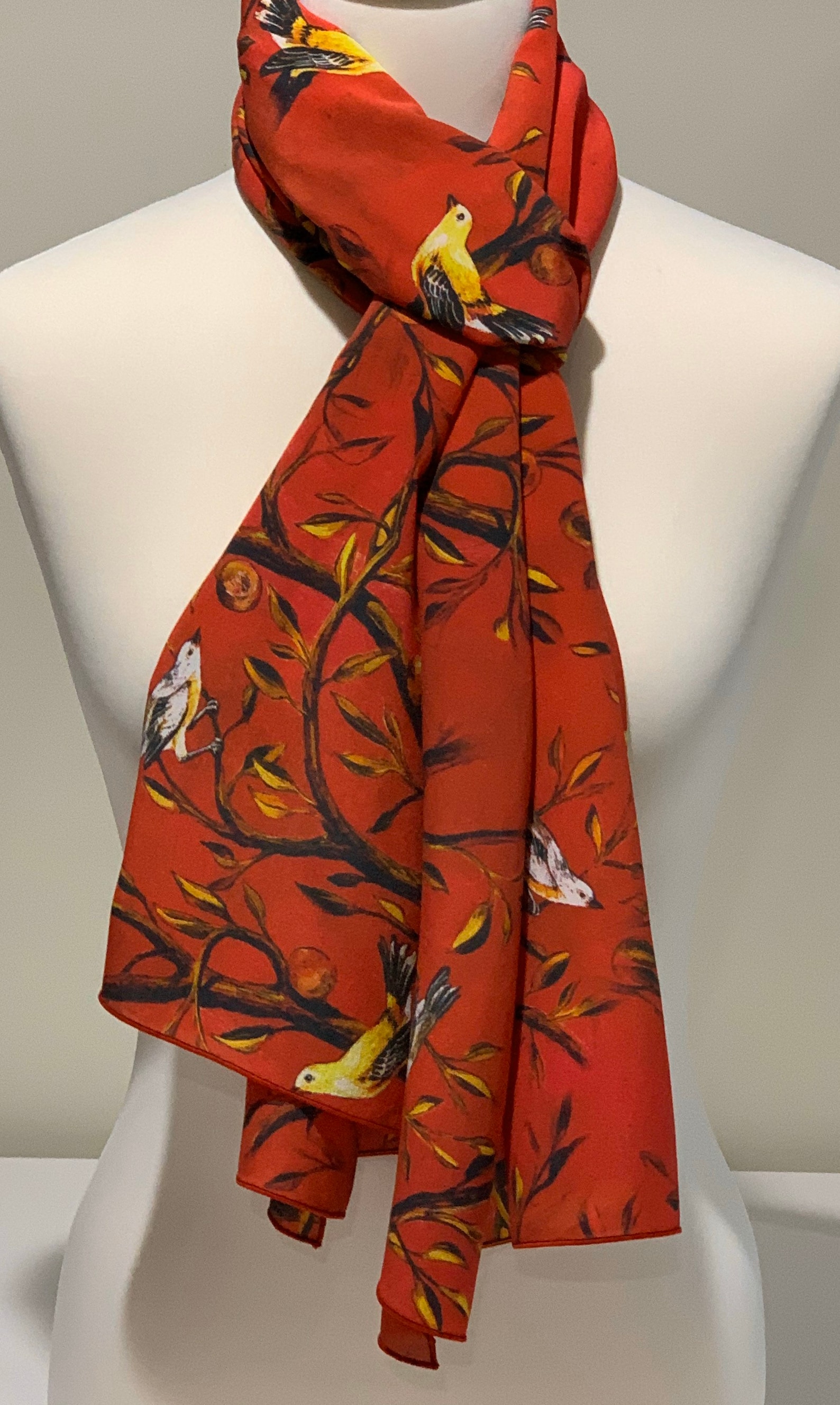 100% Mulberry Silk Scarf Birds & Bronze Gold Apples on Red | Etsy