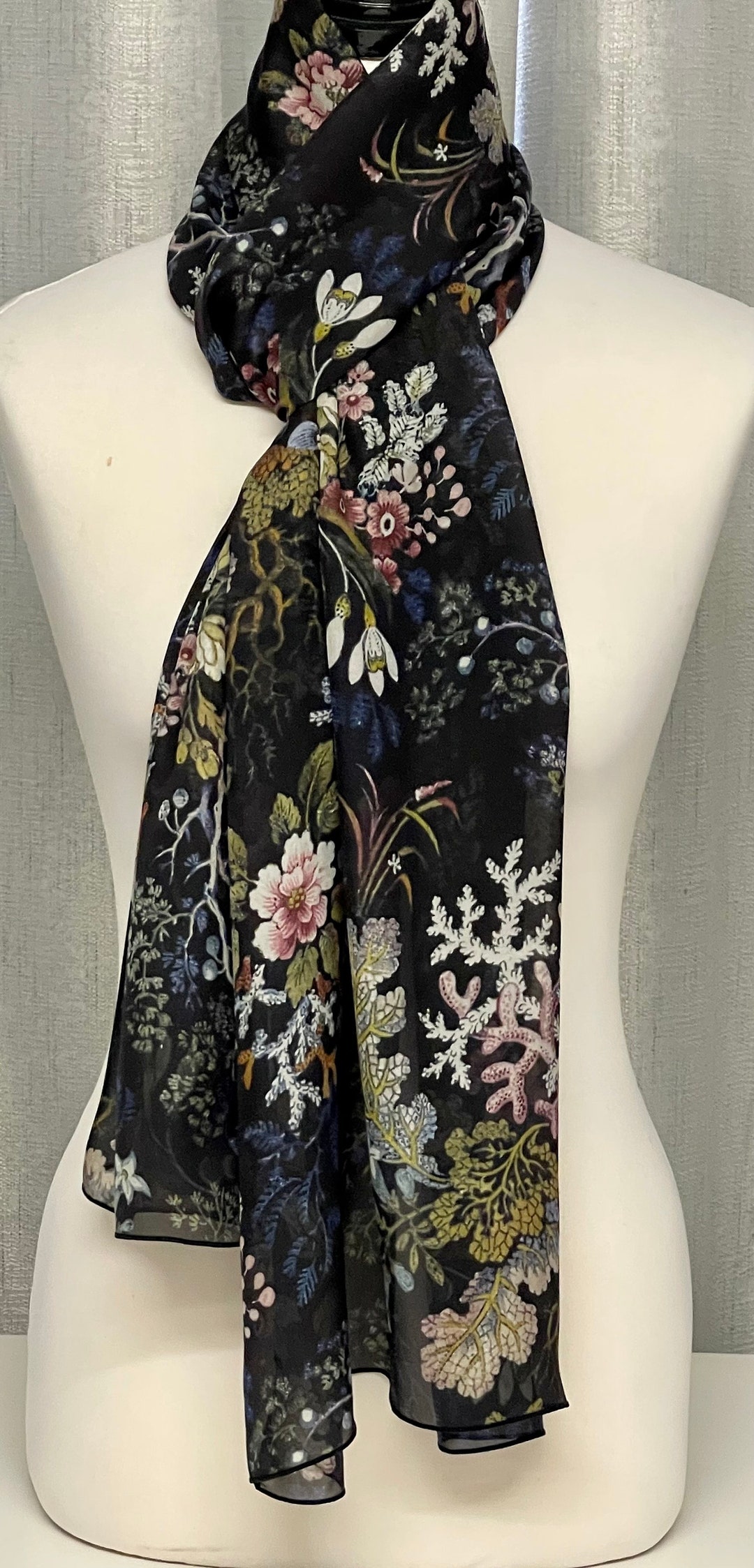100 Percent Mulberry Silk Sheer Chiffon Scarf - Coral & Flowers ...