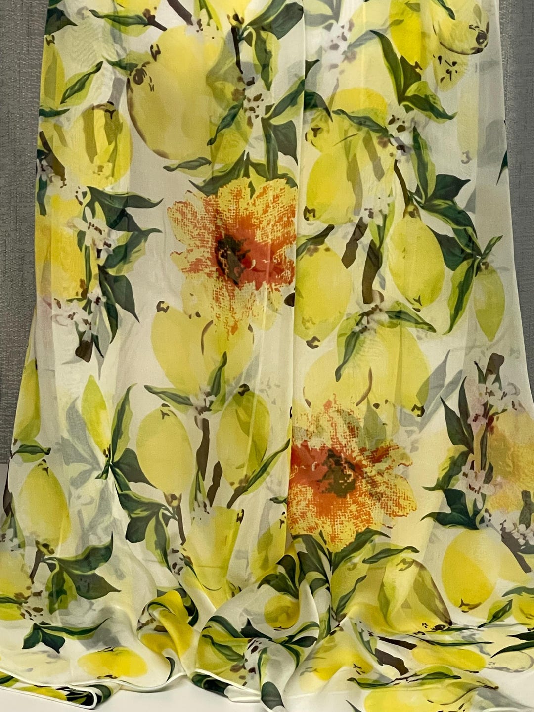 100% Mulberry Silk Chiffon Scarf - Yellow Lemons & Orange Hibiscus ...