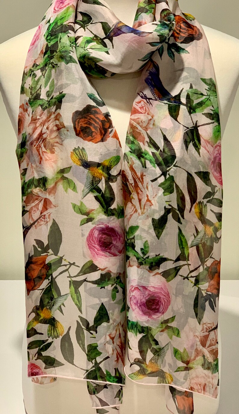 100% Mulberry Silk Chiffon Scarf Red Roses Flowers & Birds - Etsy