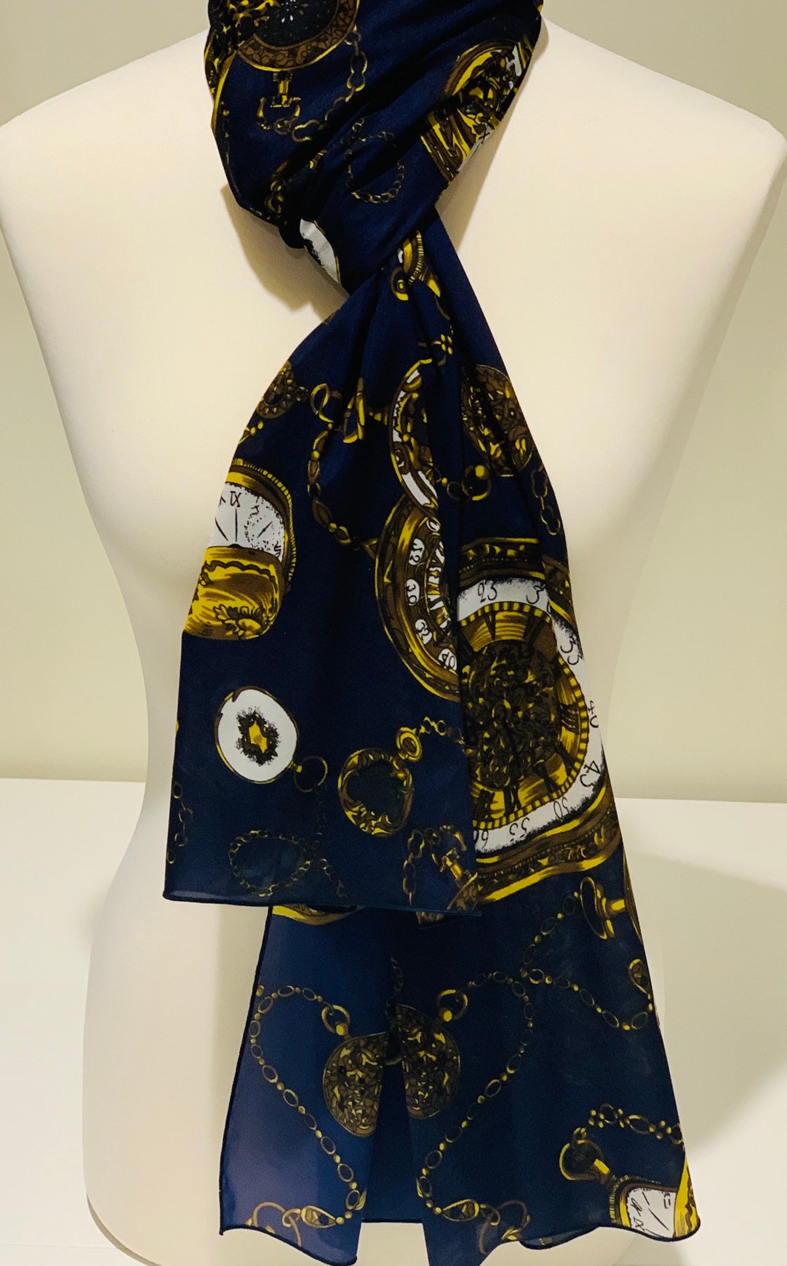 Genuine Mulberry Silk / Lycra Scarf Navy & Gold Timepieces | Etsy