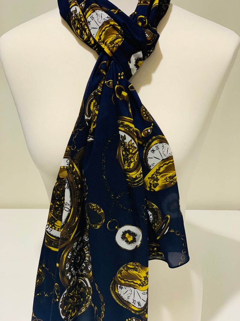 Genuine Mulberry Silk / Lycra Scarf Navy & Gold Timepieces | Etsy