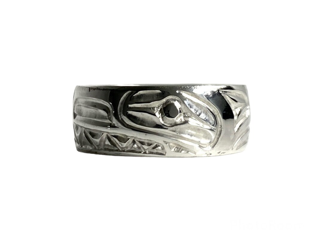 Wolf and Moon Silver Band Ring by Haida Artist Robert Cross, 1/4 Inch ...