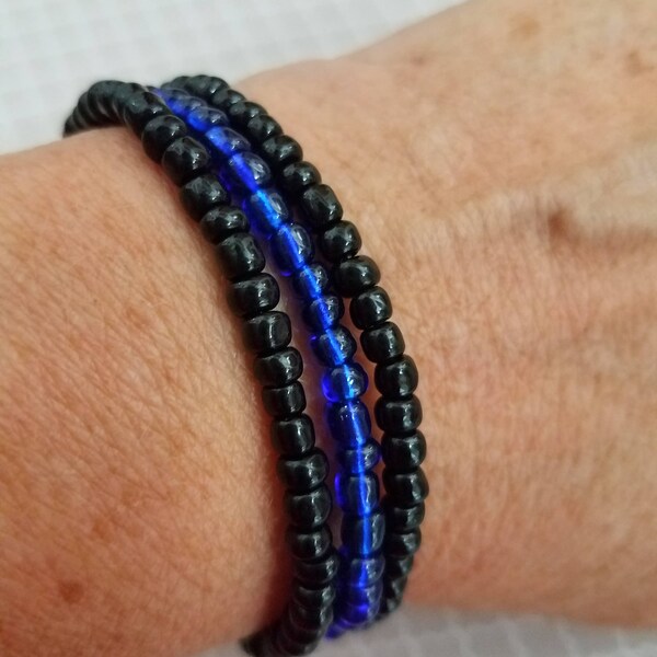 Handmade Thin Blue Line Bracelet With Round Black Beads and Small Blue ...