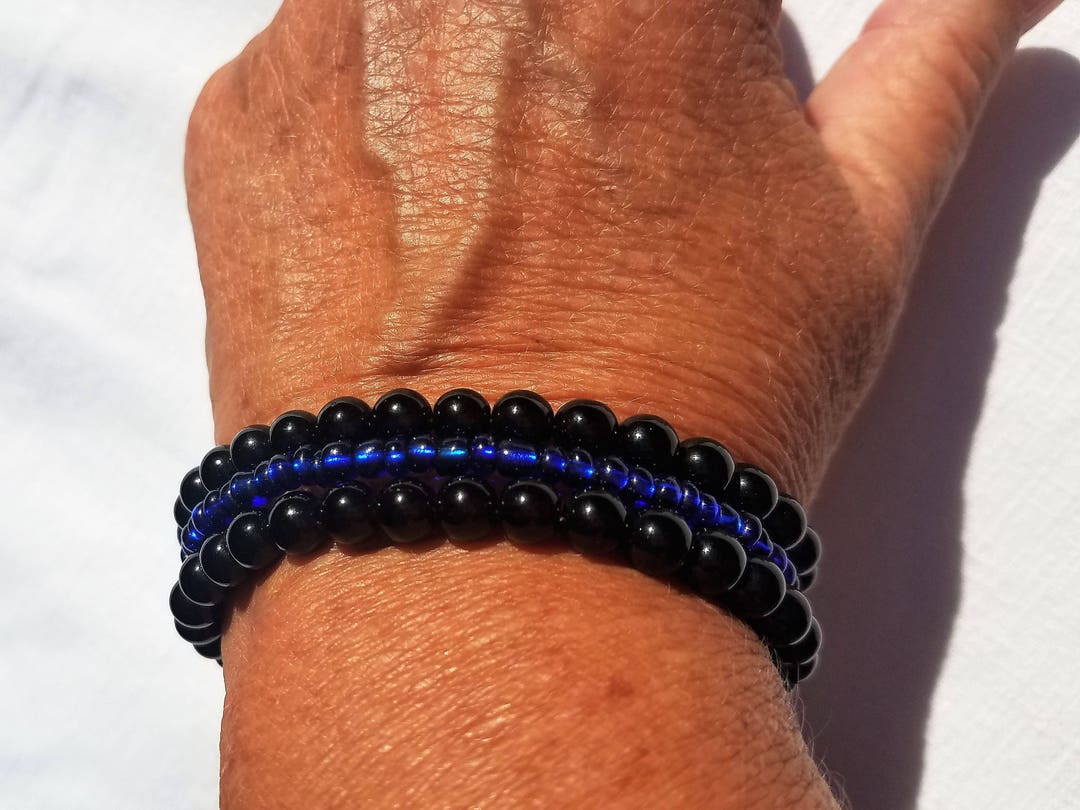 Handmade Thin Blue Line Bracelet With Round Black Beads and Small Blue ...
