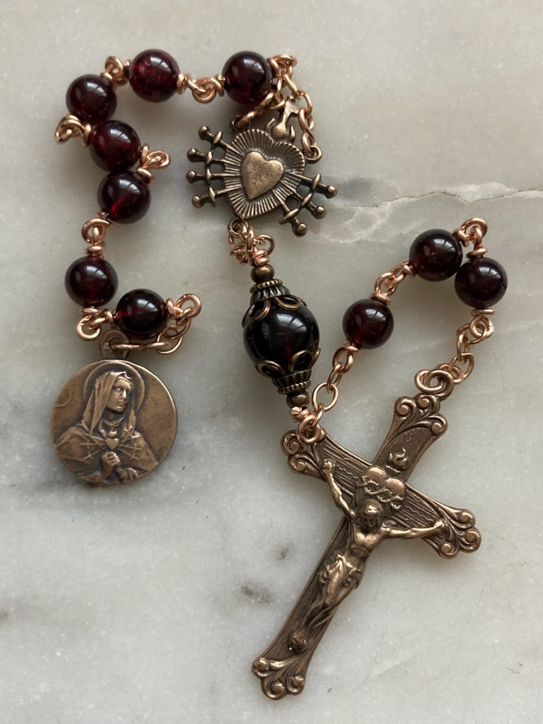Pocket Servite Rosary - Garnet - Bronze - Seven Sorrows Chaplet - Our ...