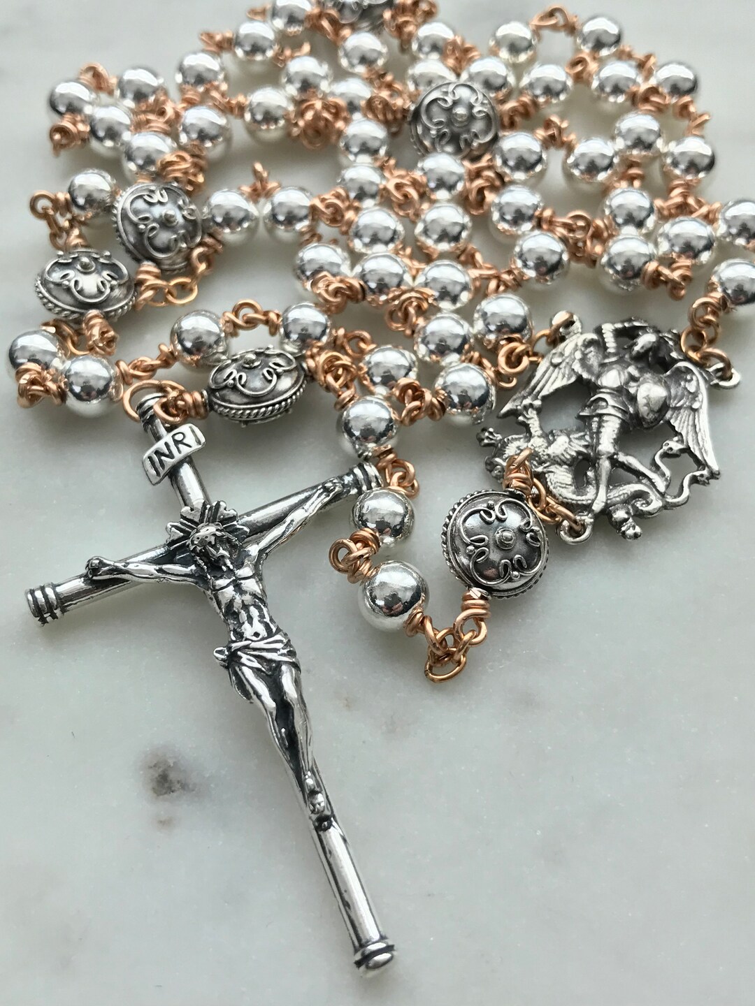 Mixed Metal Saint Michael Rosary - Sterling Silver and Bronze - Spanish ...