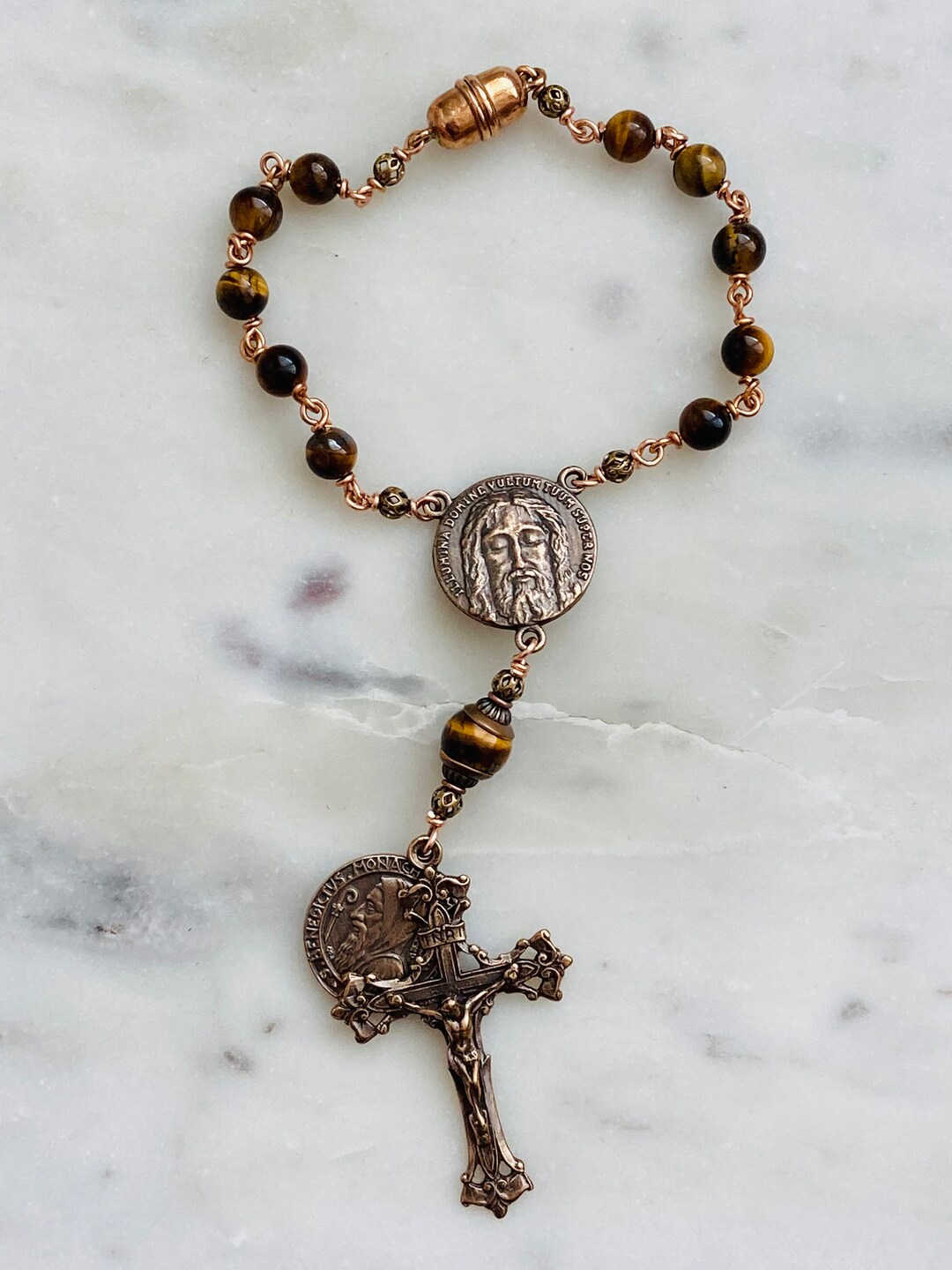 Holy Face Saint Benedict Auto Rosary - Tiger Eye and Bronze - One ...