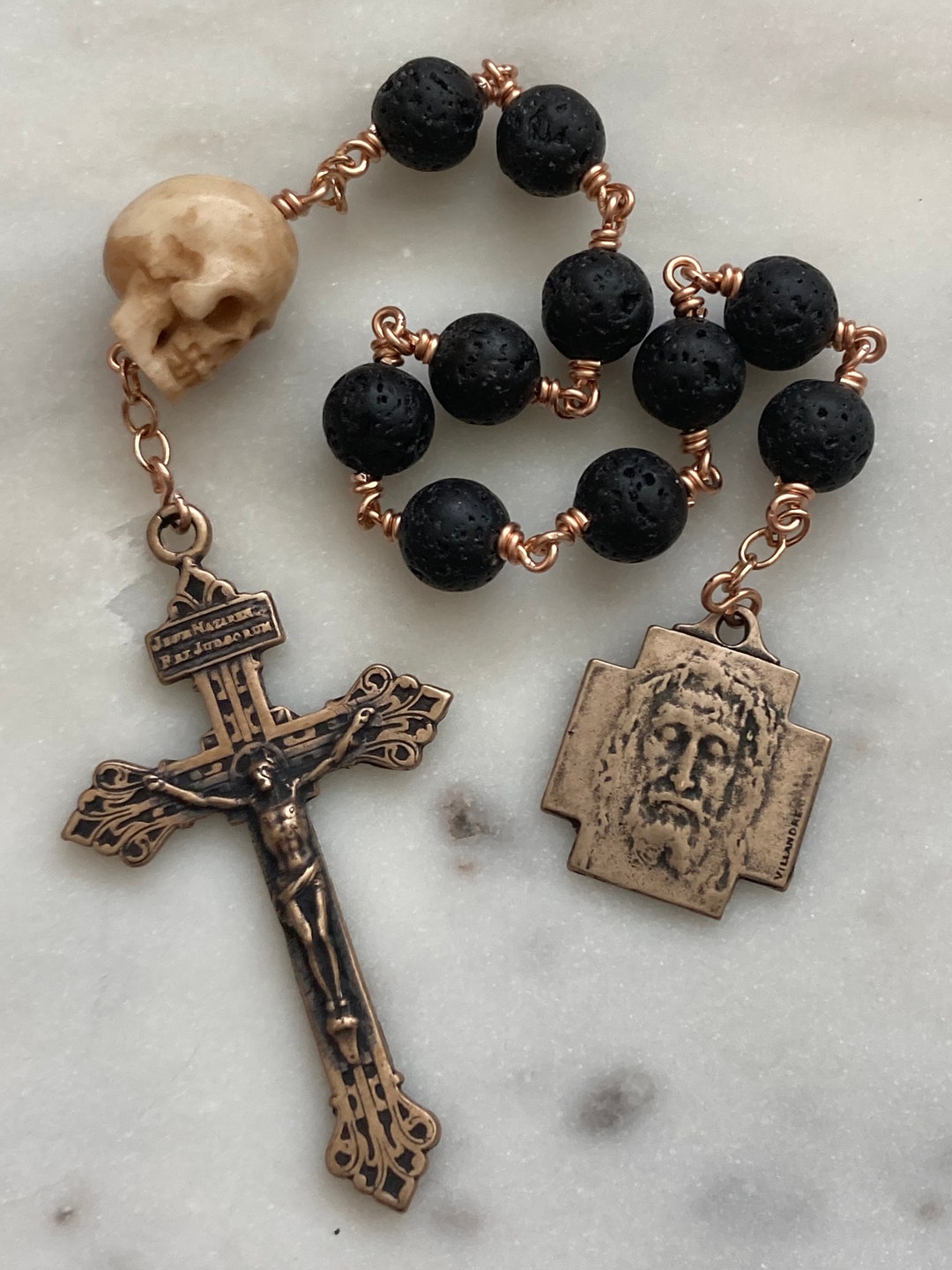 Memento Mori Rosary Holy Face of Jesus Lave Bead and Ox Bone Skull ...