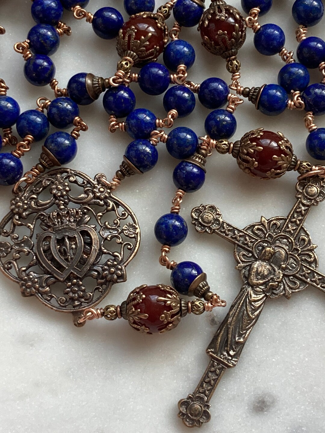 Large Lapis Carnelian and Bronze Rosary - Renaissance - Wire-wrapped ...