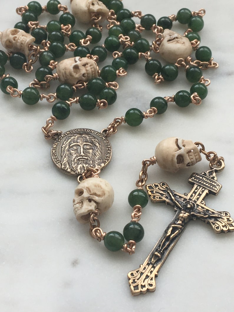 Memento Mori Rosary - Russian Jade and Bronze - Holy Face of Jesus and ...