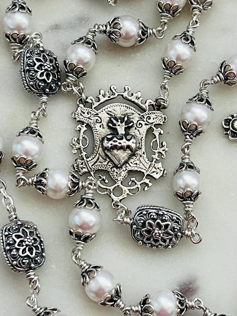 Freshwater Pearl Rosary: Sterling Silver Sacred Heart - Etsy