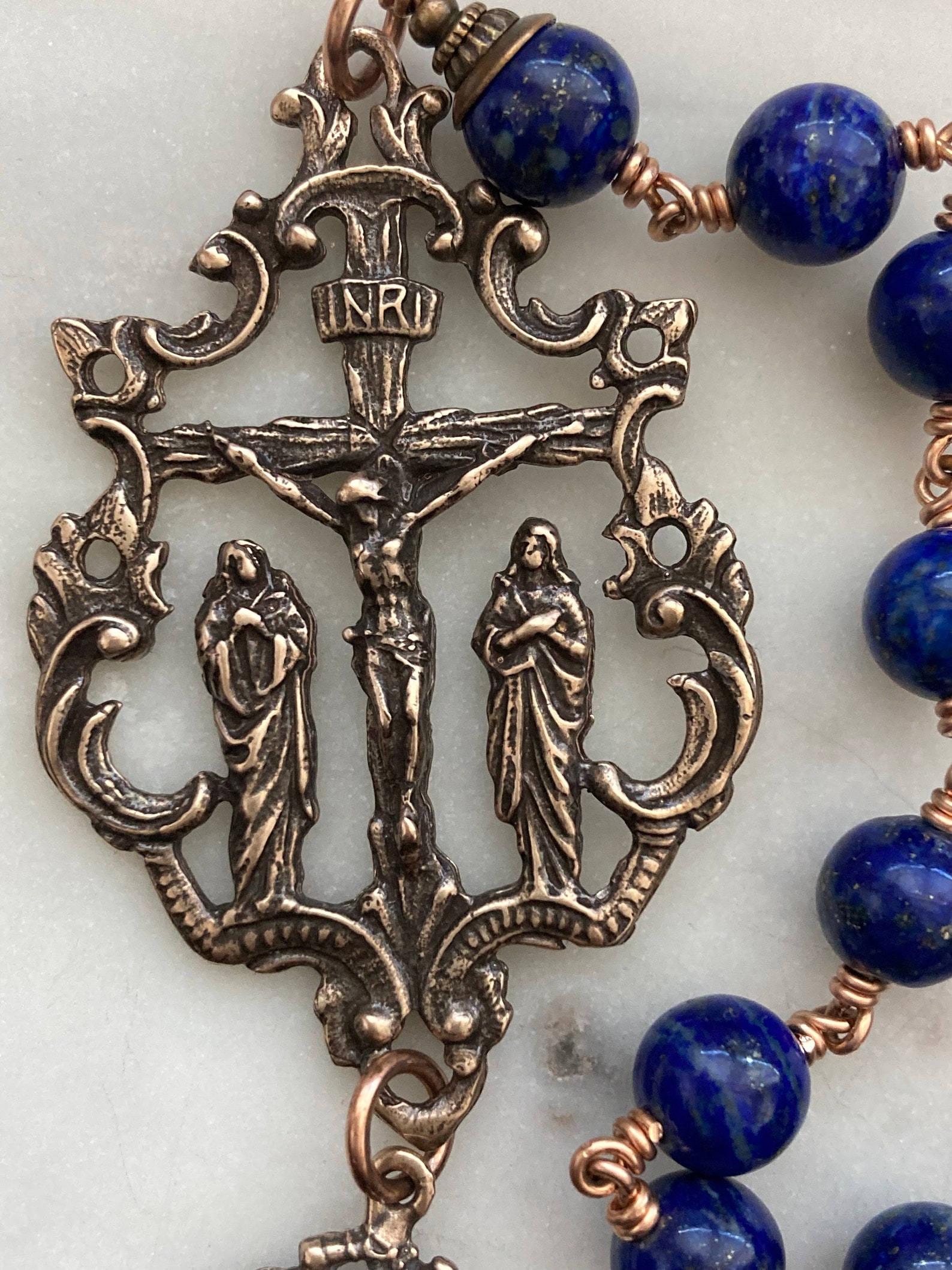 Large Lapis and Bronze Single Decade Rosary - Renaissance Tenner - Wire ...