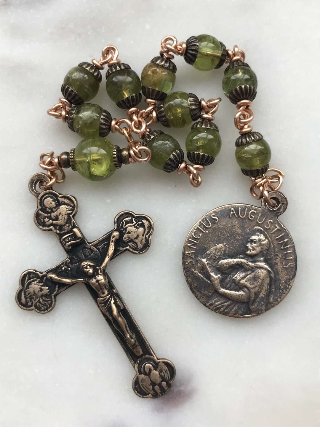 Saint Augustine Pocket Rosary - Peridot and Bronze - Single Decade ...