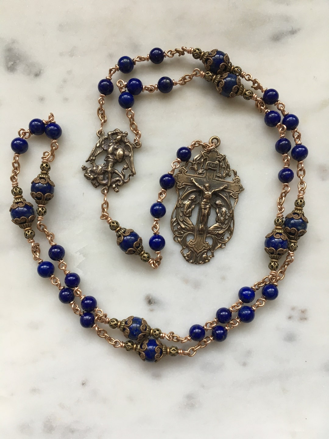 Saint Michael Chaplet - Wire Wrapped - Lapis Lazuli Gemstones - Bronze ...