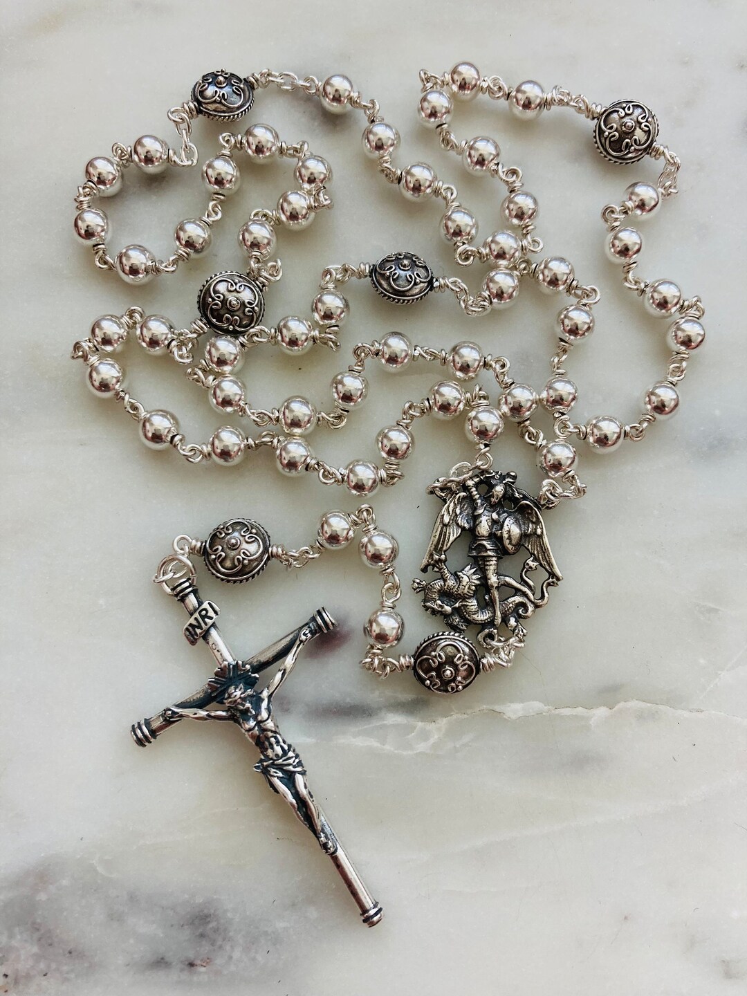 All Sterling Silver Saint Michael Rosary - Spanish Crucifix - Wire ...