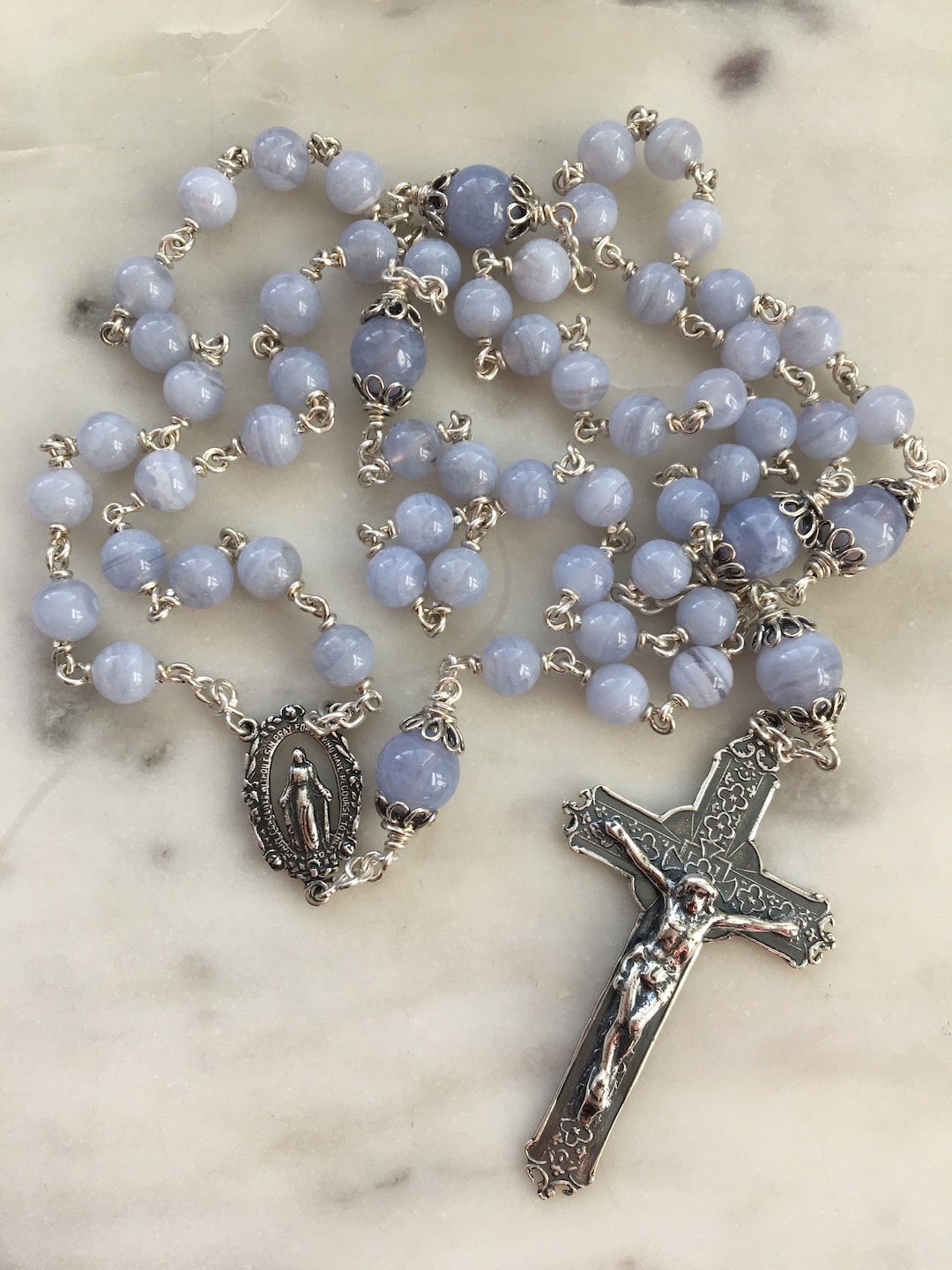 Blue Lace Agate Rosary - All Sterling Silver - Gemstones ...