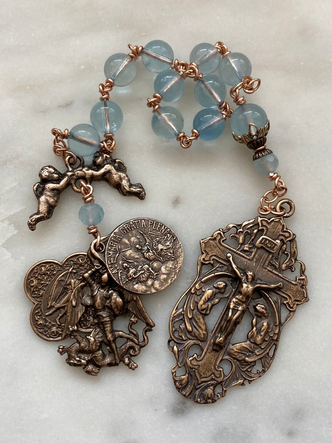 Angels Pocket Rosary Aquamarine and Bronze Archangels - Etsy