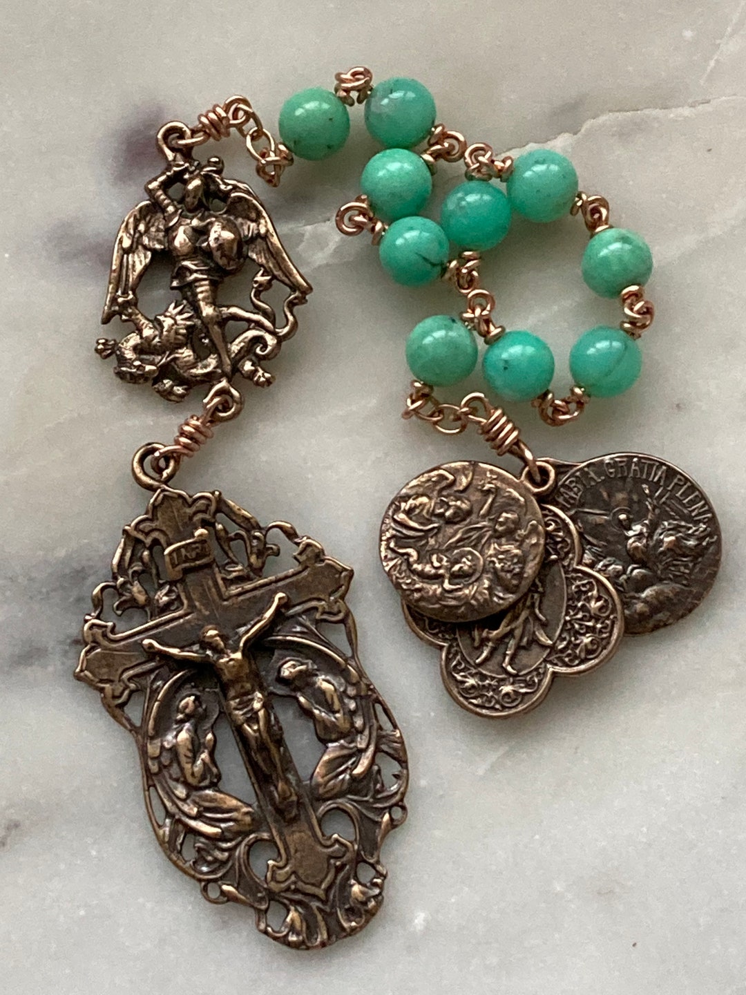 Angels Pocket Rosary - Chrysoprase and Bronze - Archangels Rosary ...