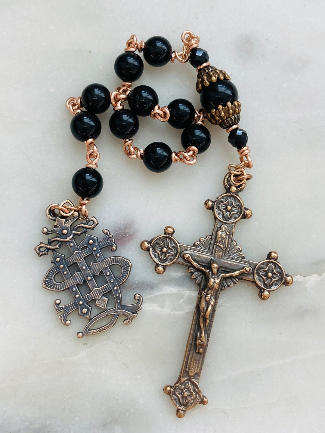 IHS Christogram Single Decade Rosary - Onyx and Bronze Tenner Ceceagnes ...