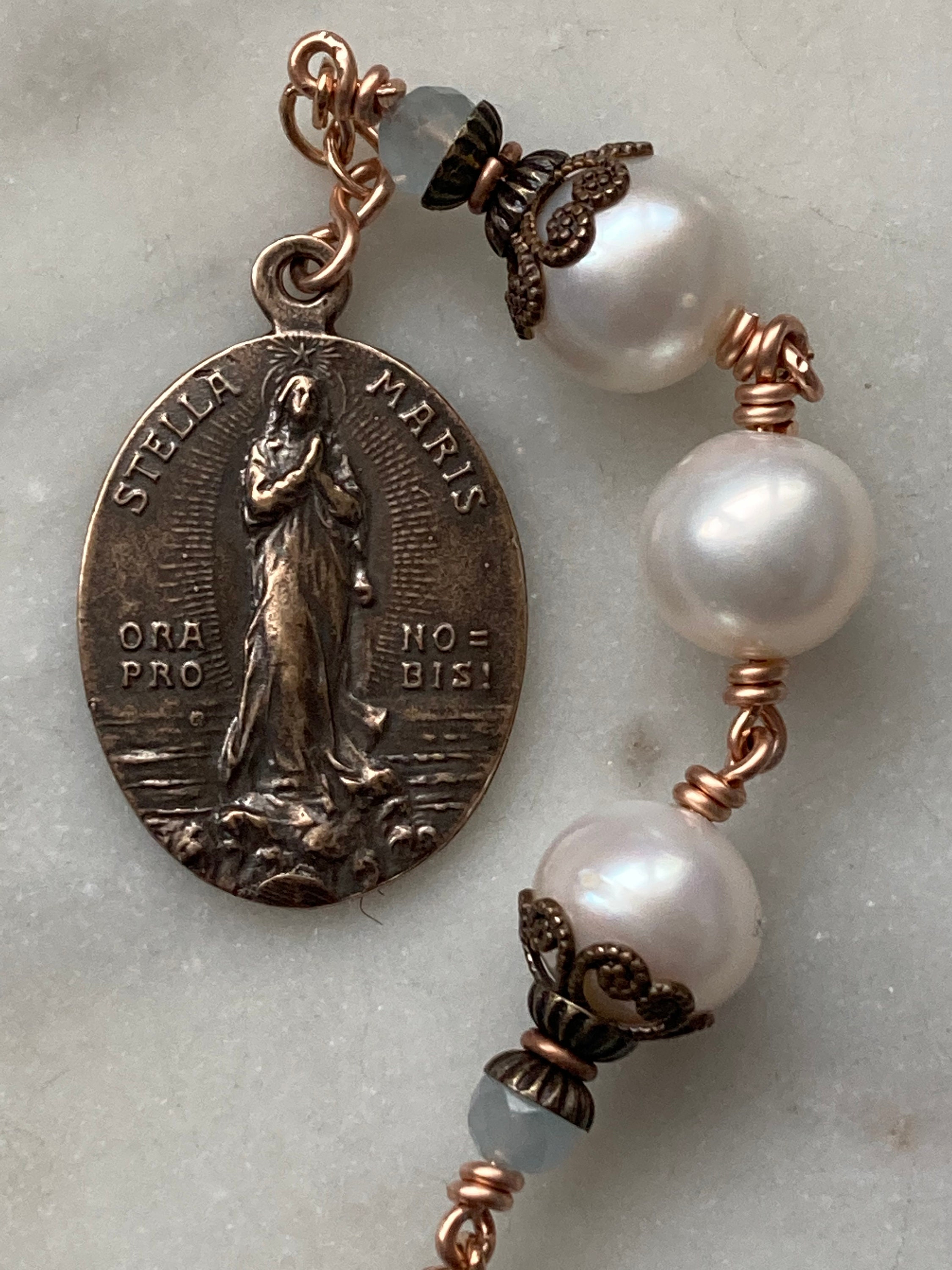 Stella Maris Chaplet - Bronze - Aquamarine and Freshwater Pearls ...
