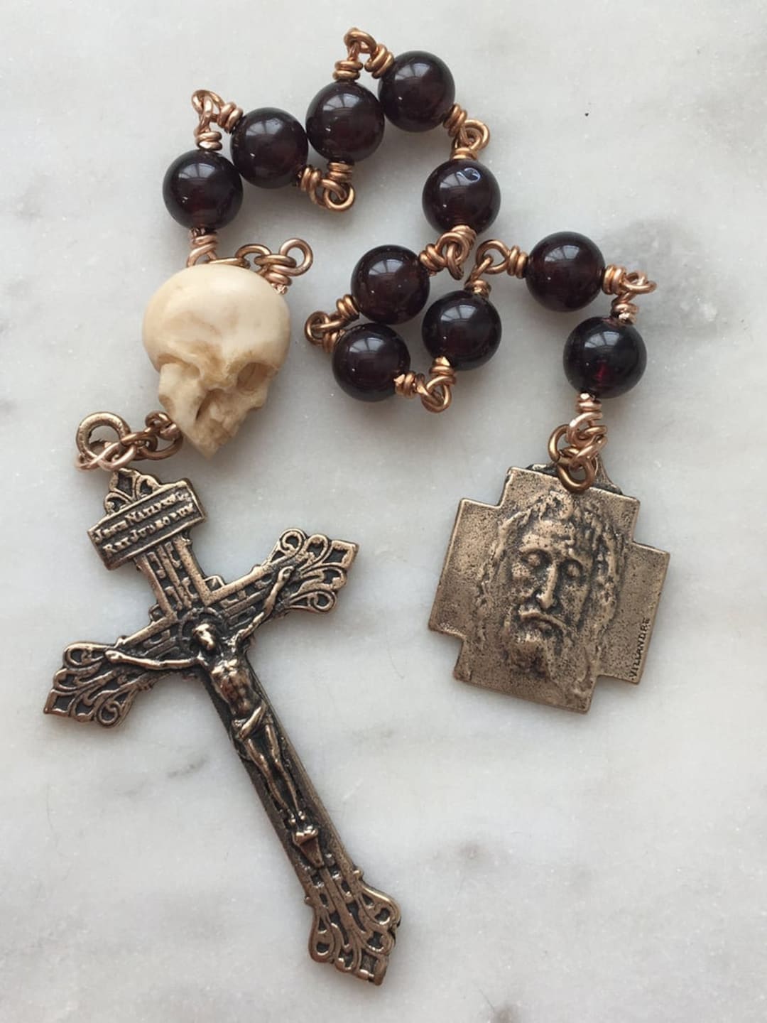 Memento Mori Rosary: Garnet, Ox Bone Skull, Bronze Pardon Crucifix - Etsy