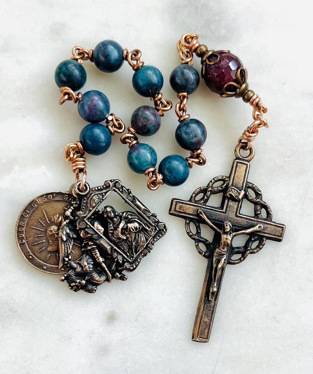 Saint Michael Rosary Tenner Ruby Kyanite Gemstone, Bronze Medals - Etsy