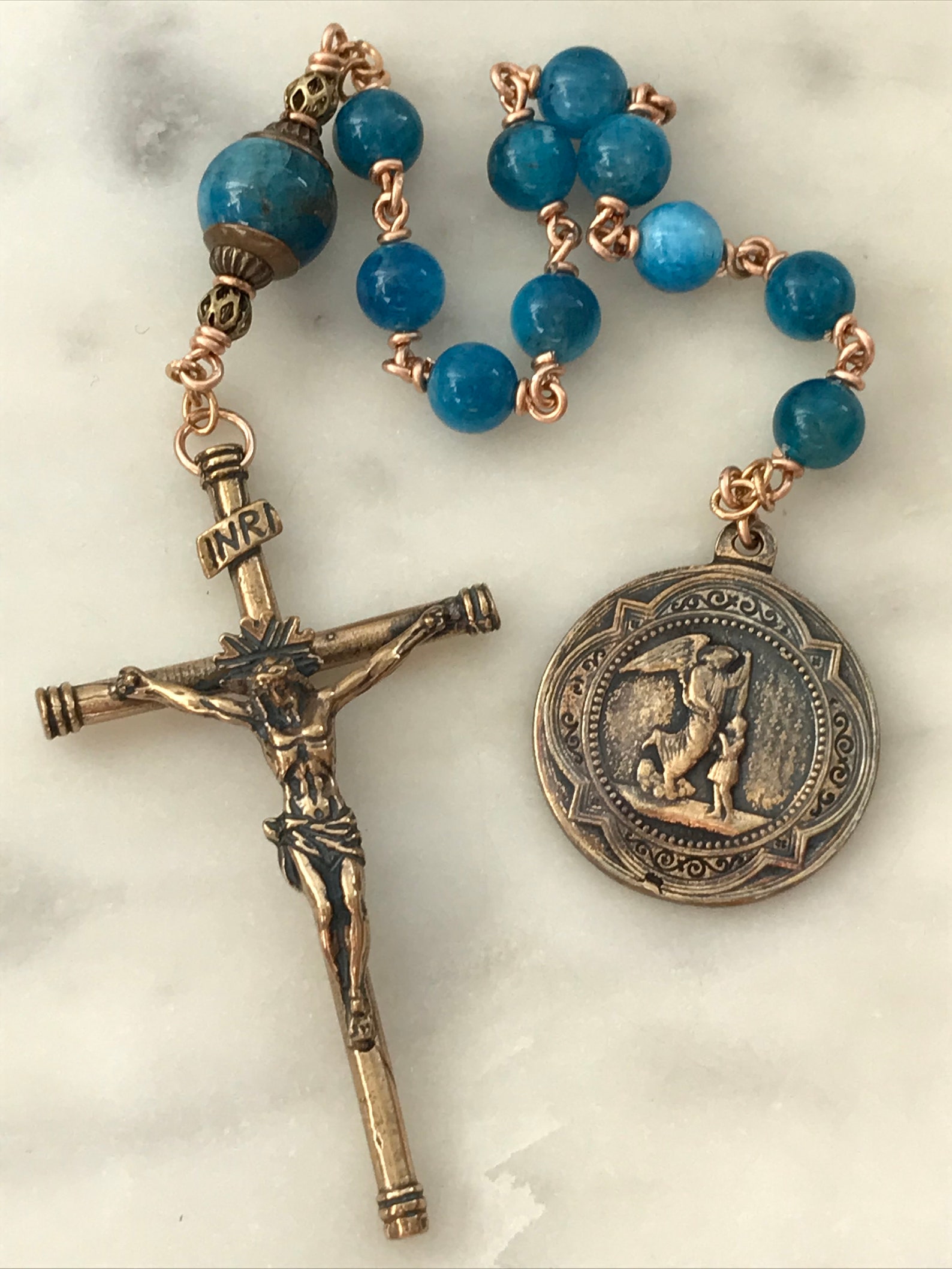 Saint Michael Pocket Rosary -guardian Angel - Apatite and Bronze ...