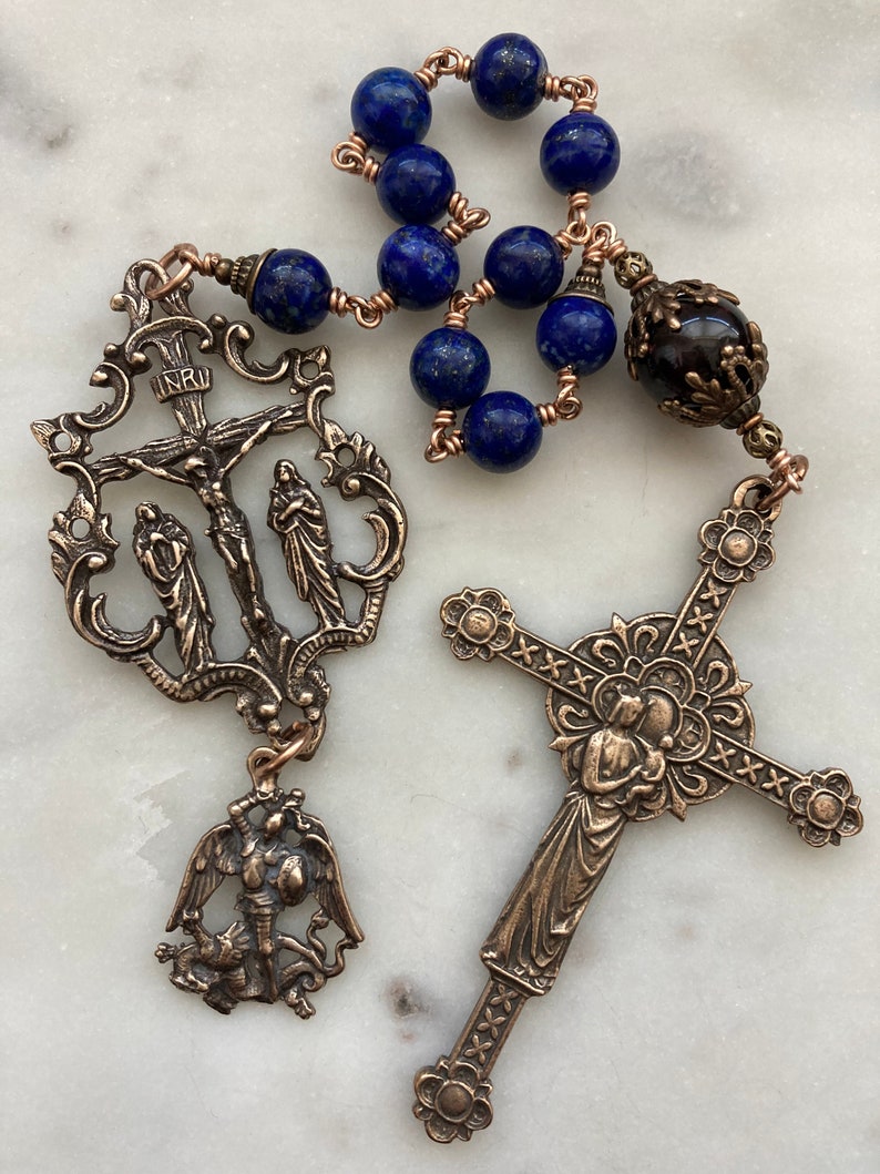 Large Lapis and Bronze Single Decade Rosary - Renaissance Tenner - Wire ...