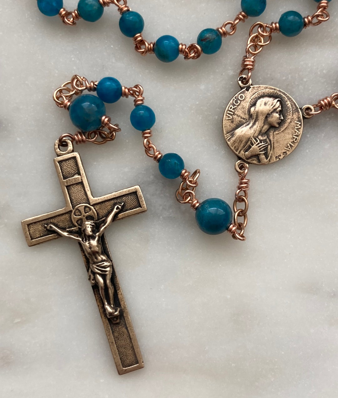 Petite Apatite Gemstone Rosary - Bronze - Virgo Maria and Roses - Etsy