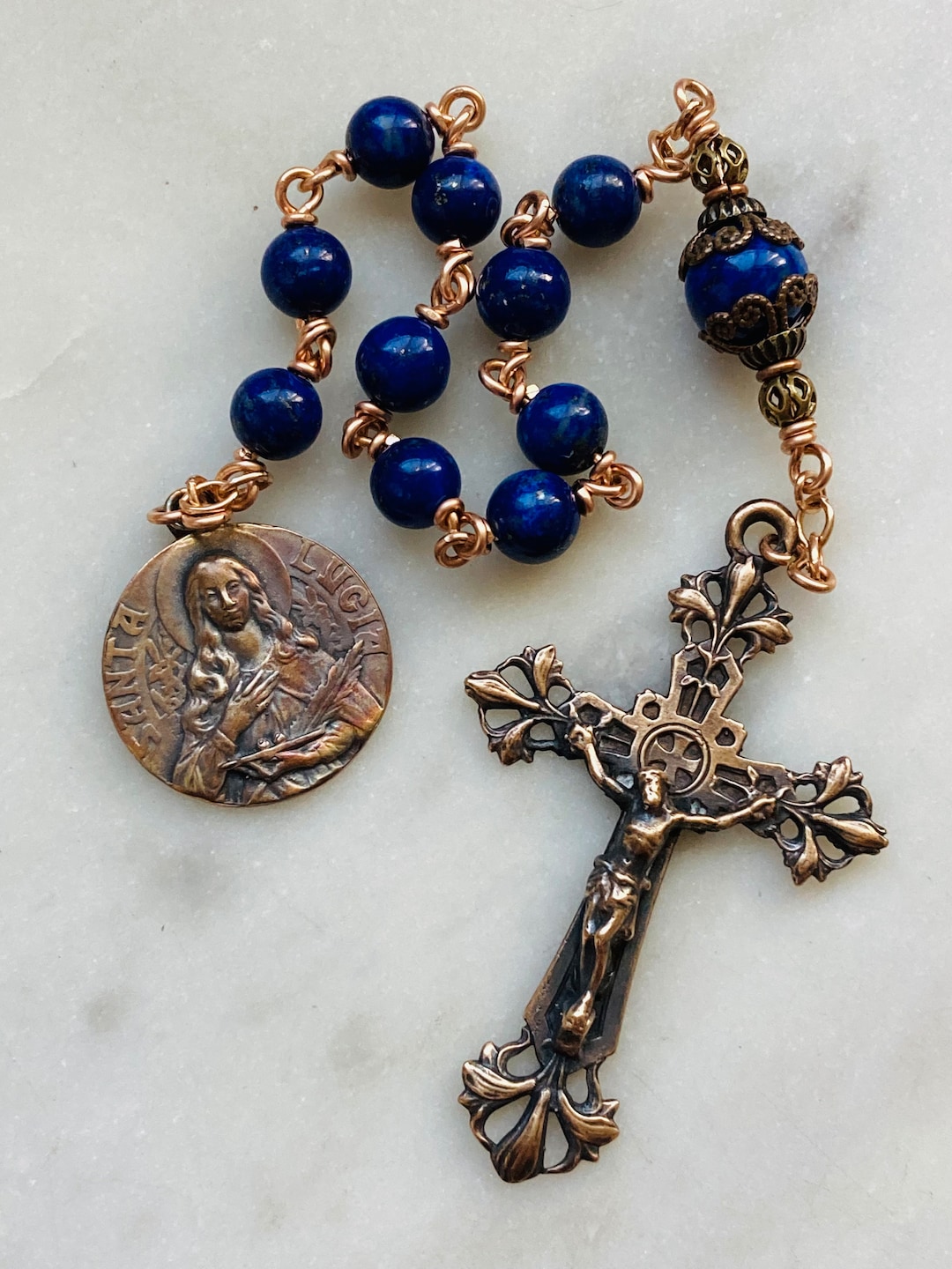 Saint Lucy Rosary - Lapis and Bronze - One Decade Rosary - Pocket ...