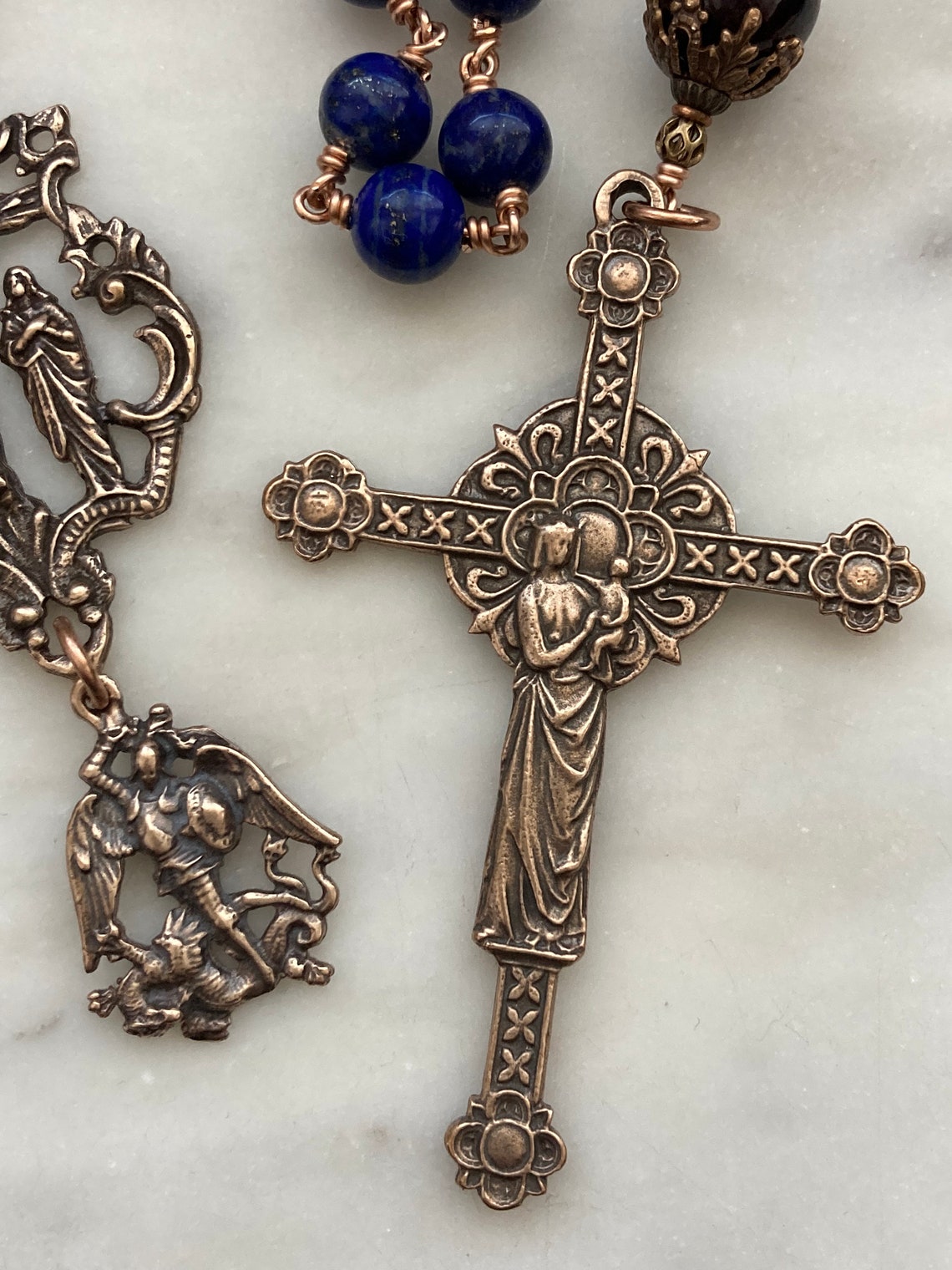 Large Lapis and Bronze Single Decade Rosary - Renaissance Tenner - Wire ...