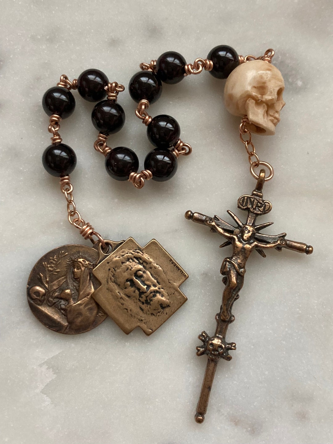 Memento Mori Rosary: Garnet, Ox Bone Skull, Bronze, Saint Catherine ...