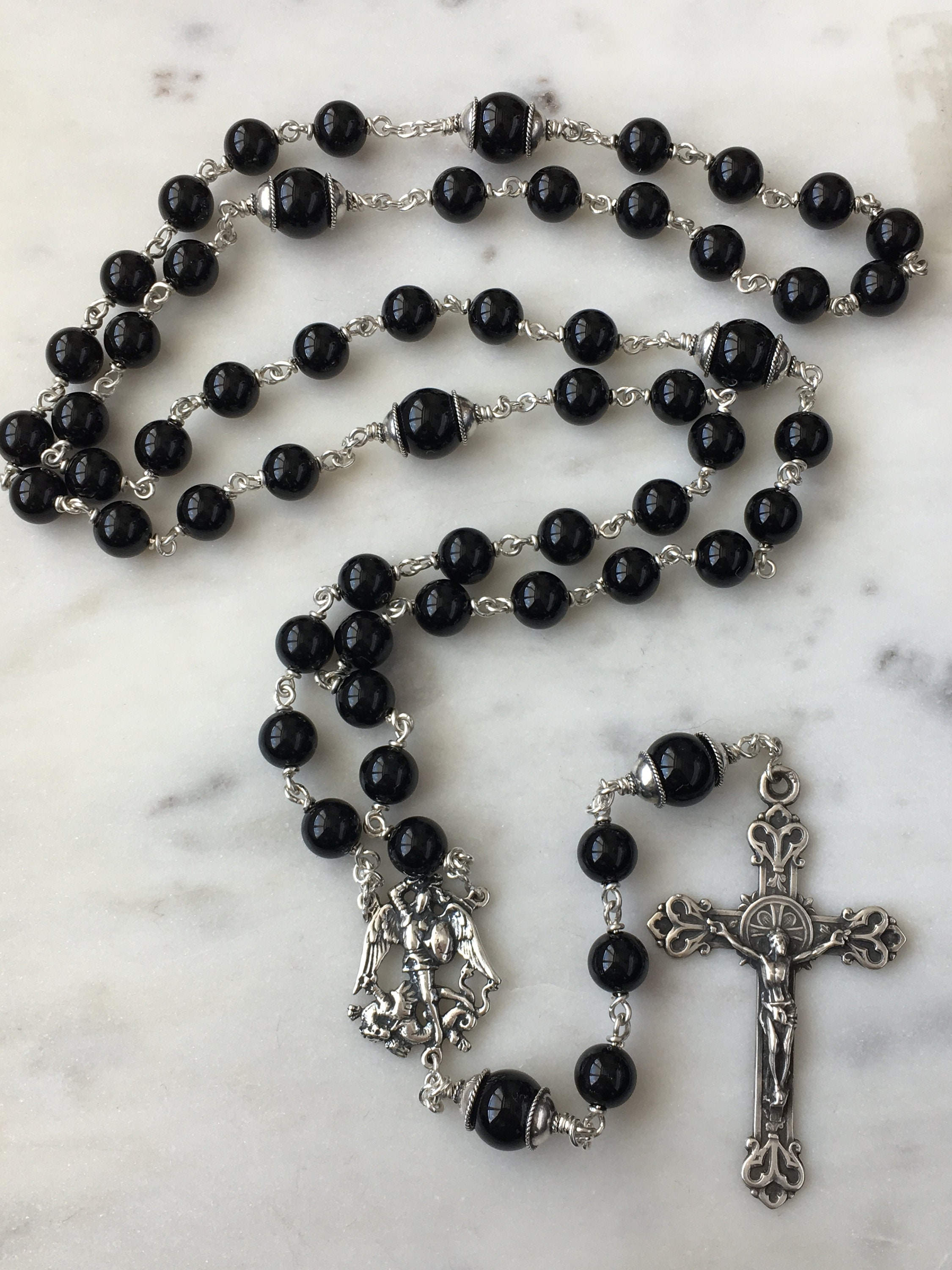 Saint Michael Rosary 8mm Onyx, Sterling Silver, Antique French Medals ...