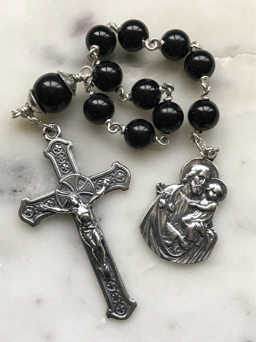 Saint Joseph Tenner - Onyx Gemstone Rosary - Sterling and Sterling ...